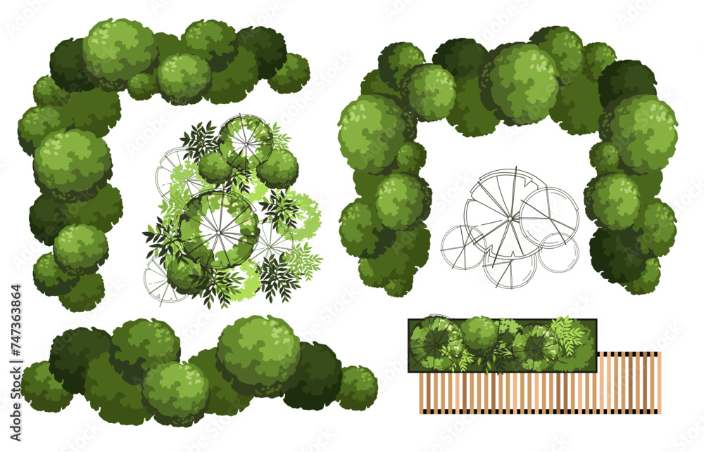Top view elements for the landscape design plan. Trees and benches for ...