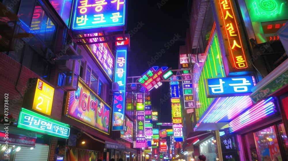 Colorful neon billboards at the Songpa Gu nightlife district in Seoul ...