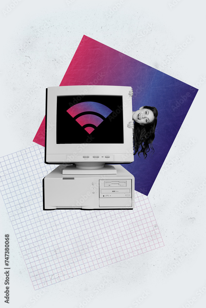 Vertical graphics collage image of happy young girl peek old computer ...