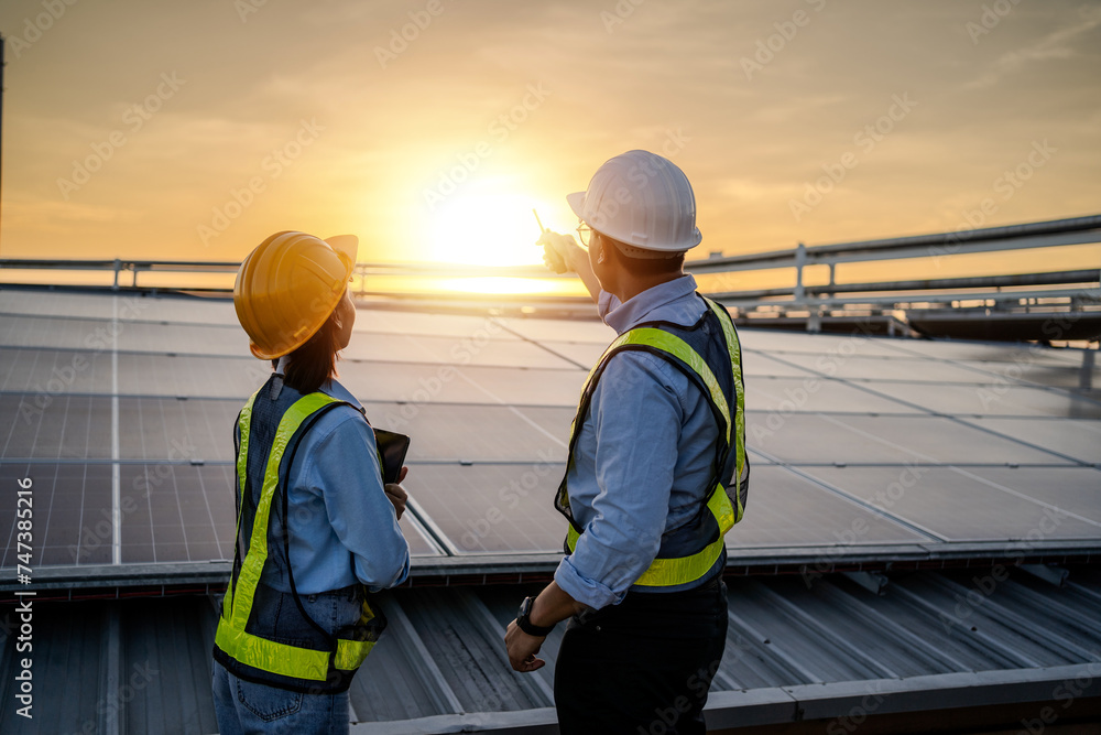 Electrical engineer installs solar panels in power station Renewable ...