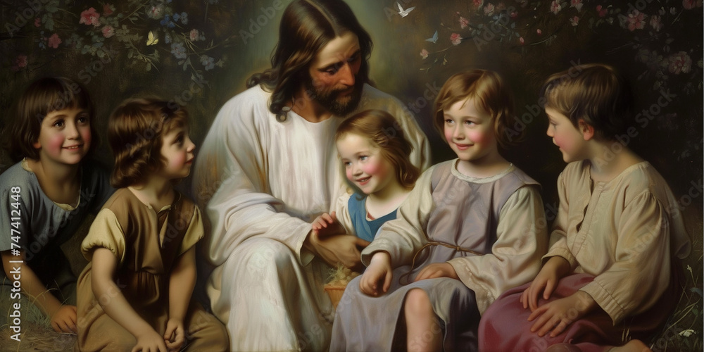 Artistic depiction of Jesus Christ with a group of young happy children ...