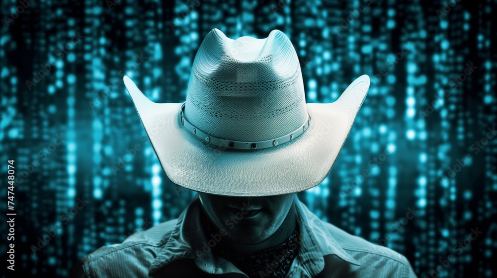 Ethical hacker wearing a white cowboy hat in a dark room illuminated by ...