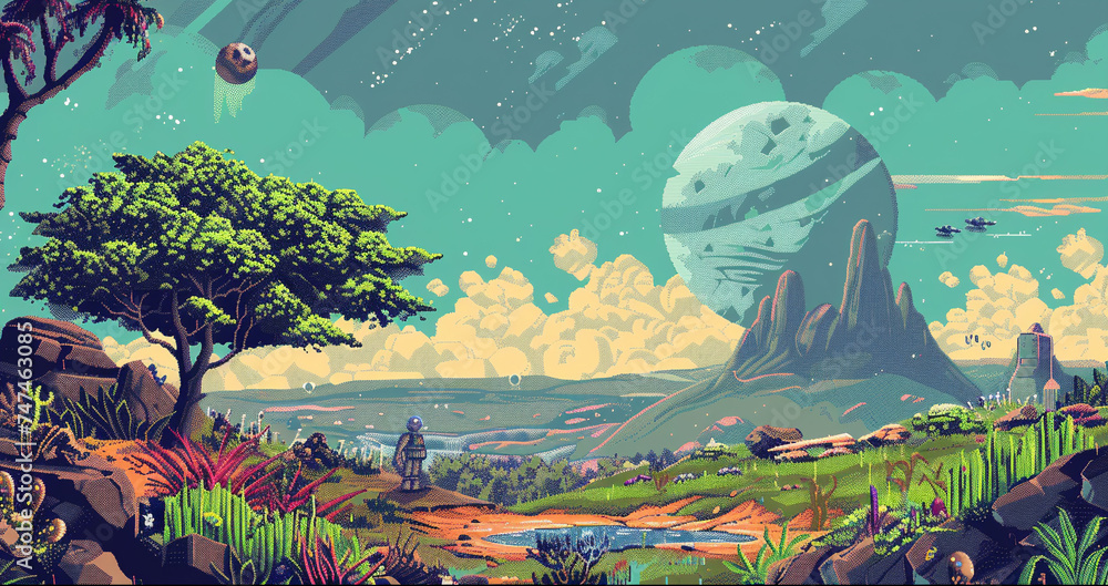 8-bit pixel art of a vibrant alien world featuring a futuristic ...