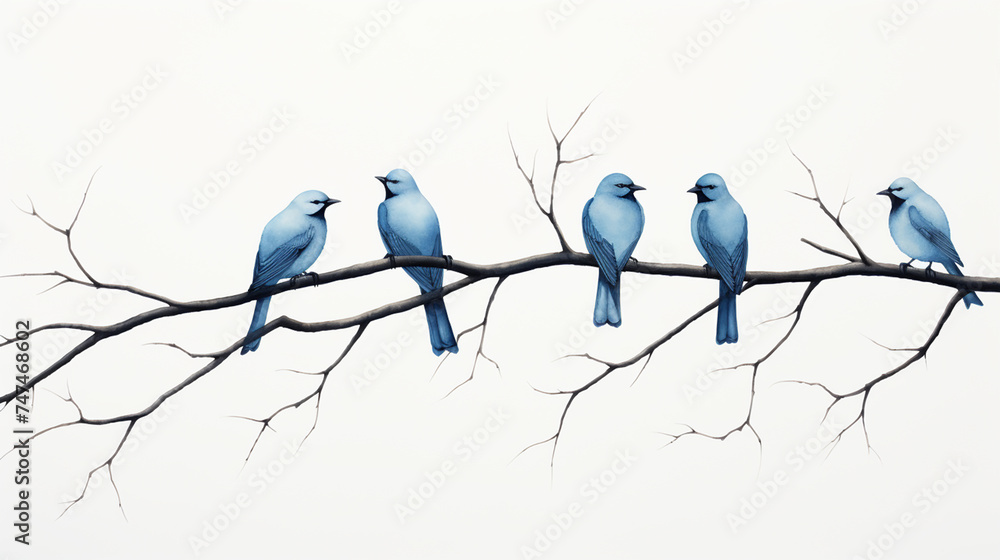 Pencil drawing of sparrows on branches of a pine tree Stock ...