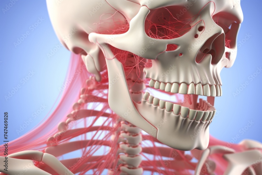 Detailed illustration of human skull and cervical spine, nerves, and arteries labeled. 3D ...