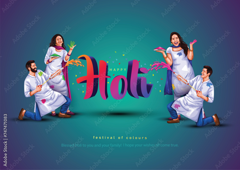 Happy Holi festival of India background. group of people celebrating ...