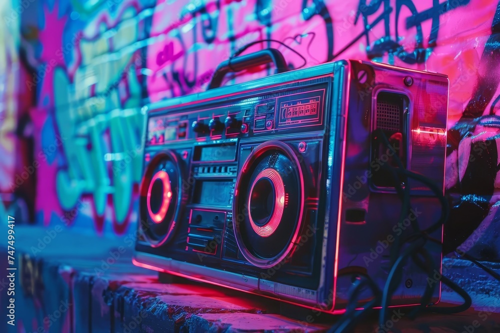 Retro neon boombox set against a backdrop of vibrant graffiti. a ...