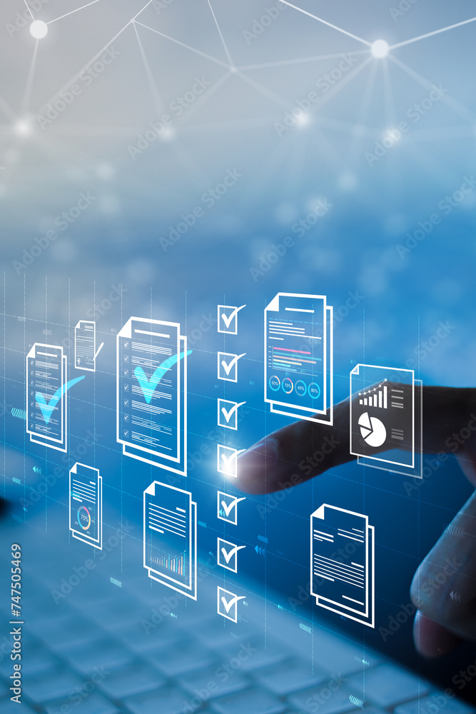 Document management concept, check electronic documents on digital documents on virtual screen ...