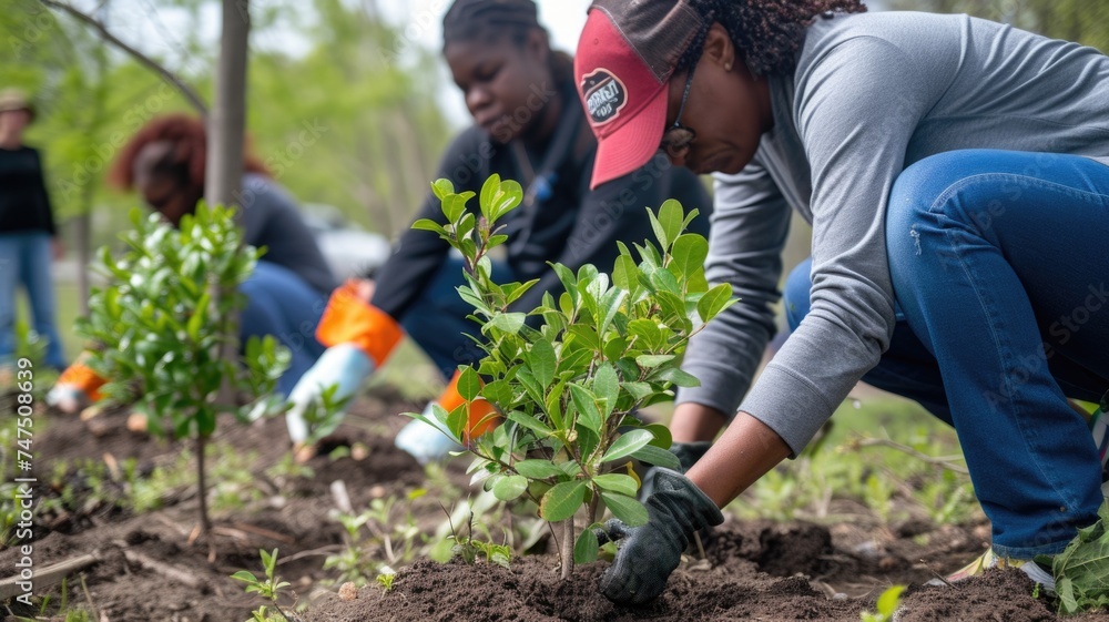 group of focused volunteers planting young trees in a community garden ...