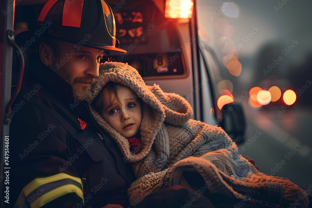 Firefighter comforting child in blanket near fire truck. Fire ...