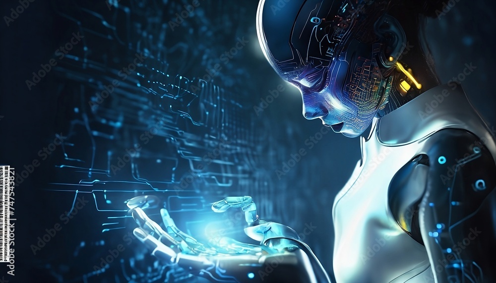 Humanoid female AI futuristic android, cyborg robot, vibrant neon neural network, futuristic ...