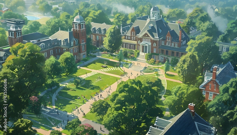 aerial view of prestigious college campus drawing lush scenery pathways ...