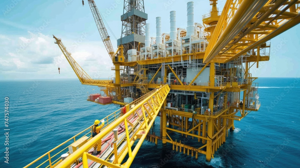 The naval architecture of an oil rig floating in the vast ocean ...