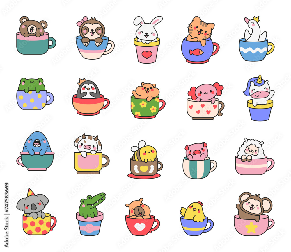 Cute kawaii animals in a cup. Funny adorable cartoon character. Hand ...