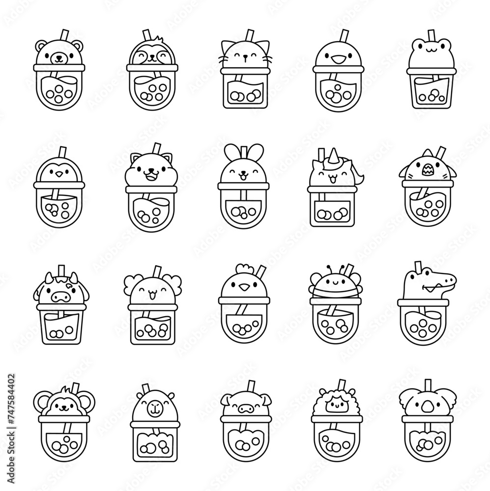 Matcha bubble tea with animal faces. Coloring Page. Boba beverage. Hand ...