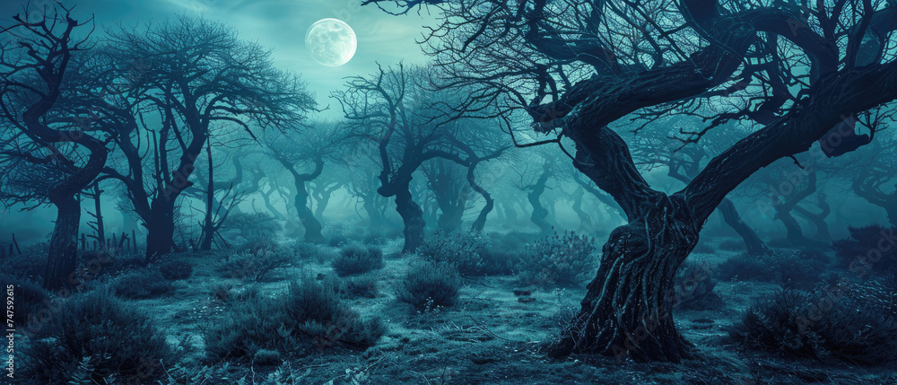 Fantasy forest with spooky crooked trees, moon and mystic light, dark ...