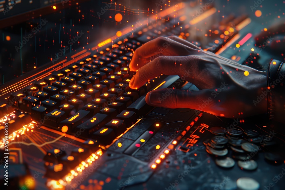 Hyper sharp a virtual IT style, hand on computer keyboard, next to it a ...