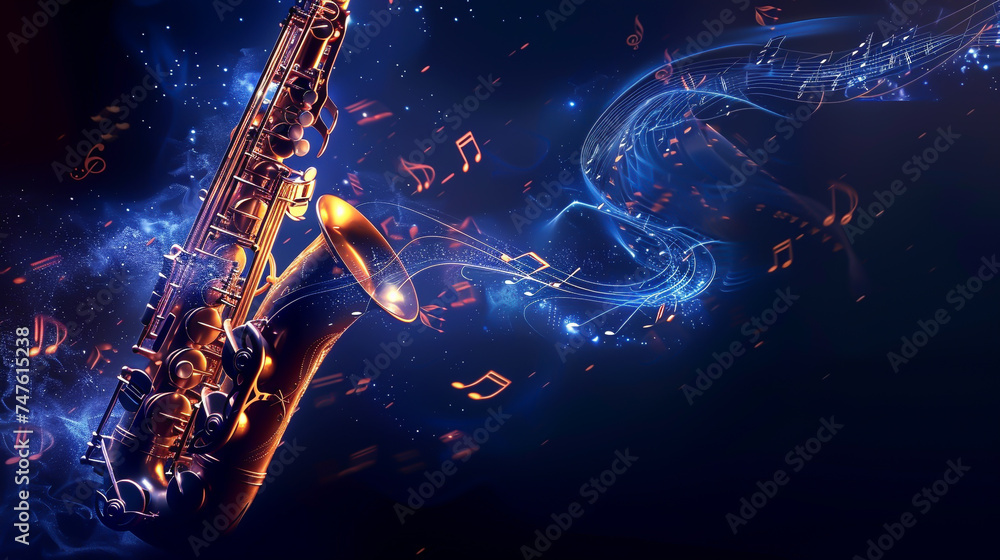 High-resolution photo of a saxophone with music notes flowing from the ...