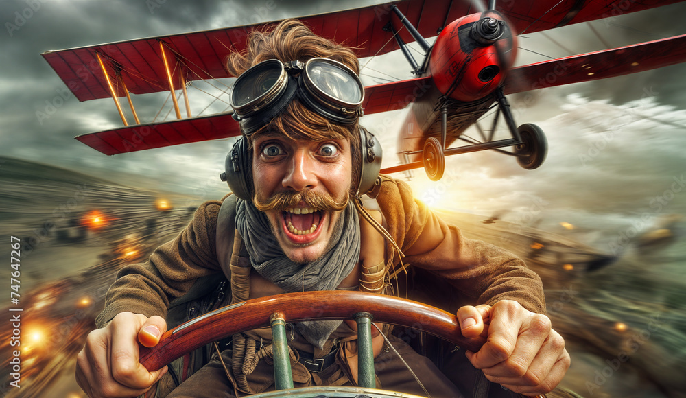 Cockpit view crazy World War 1 (WW1) air force pilot with handlebar ...