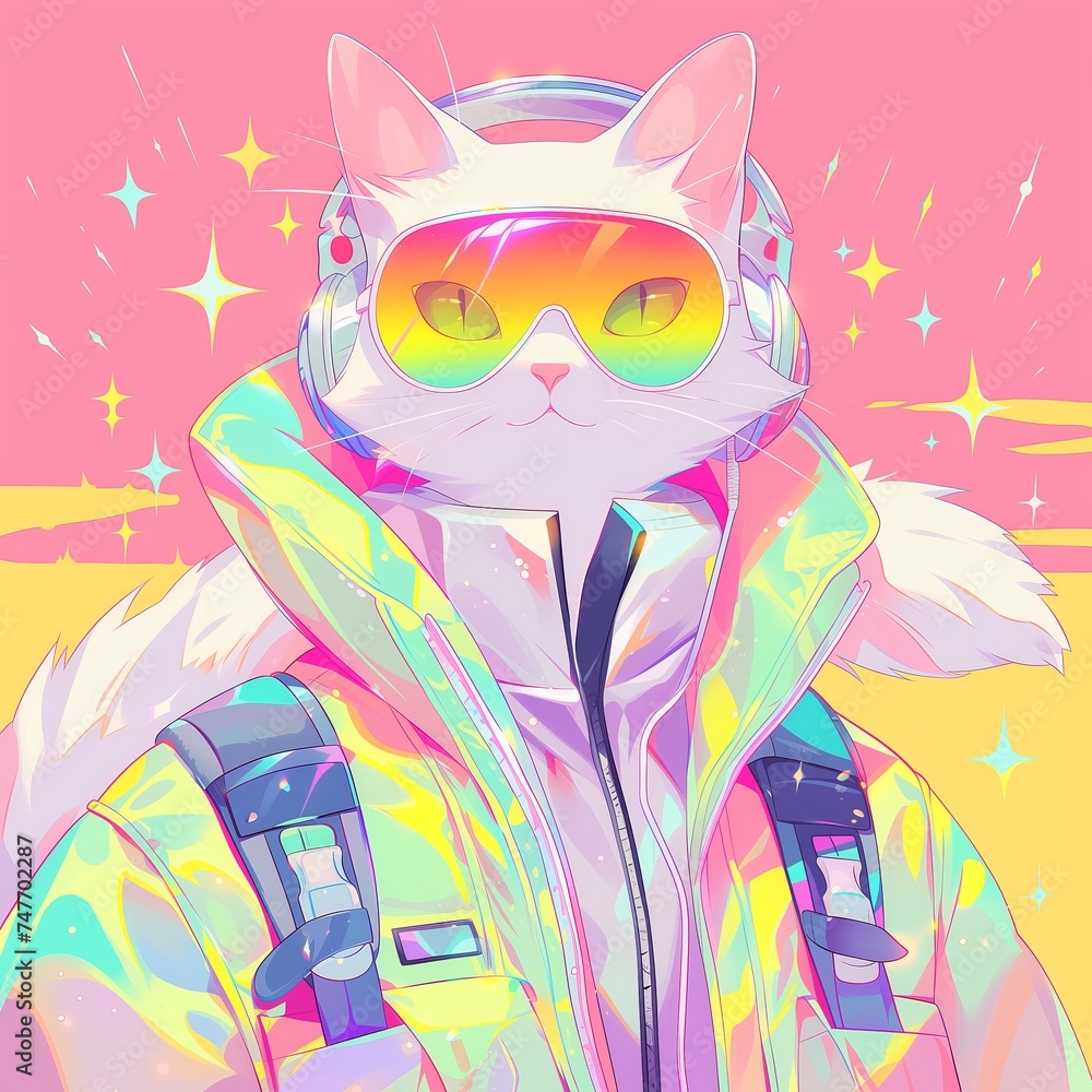 Fantasy character with a cat head and headphones, a reflective jacket ...