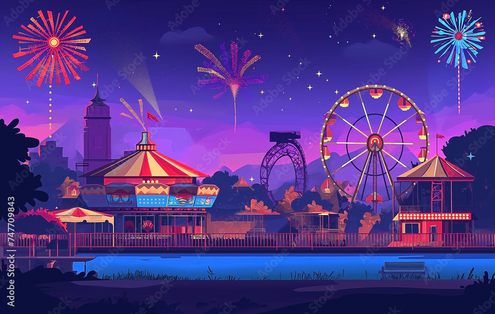 Amusement park circus carnival festival fun fair with fireworks ...