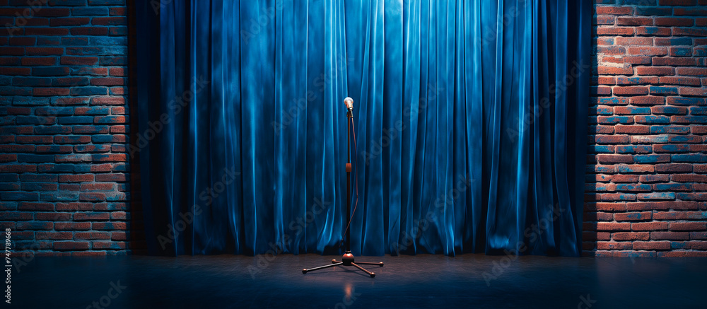 stage with blue curtain and brick wall. theater or stand up comedy ...