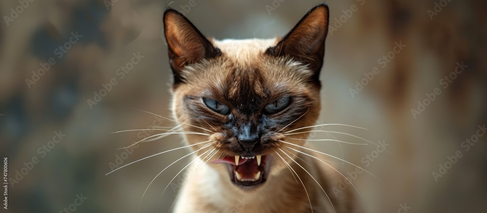 A Siamese cat with its mouth wide open, displaying aggressive behavior by biting. The cat ...