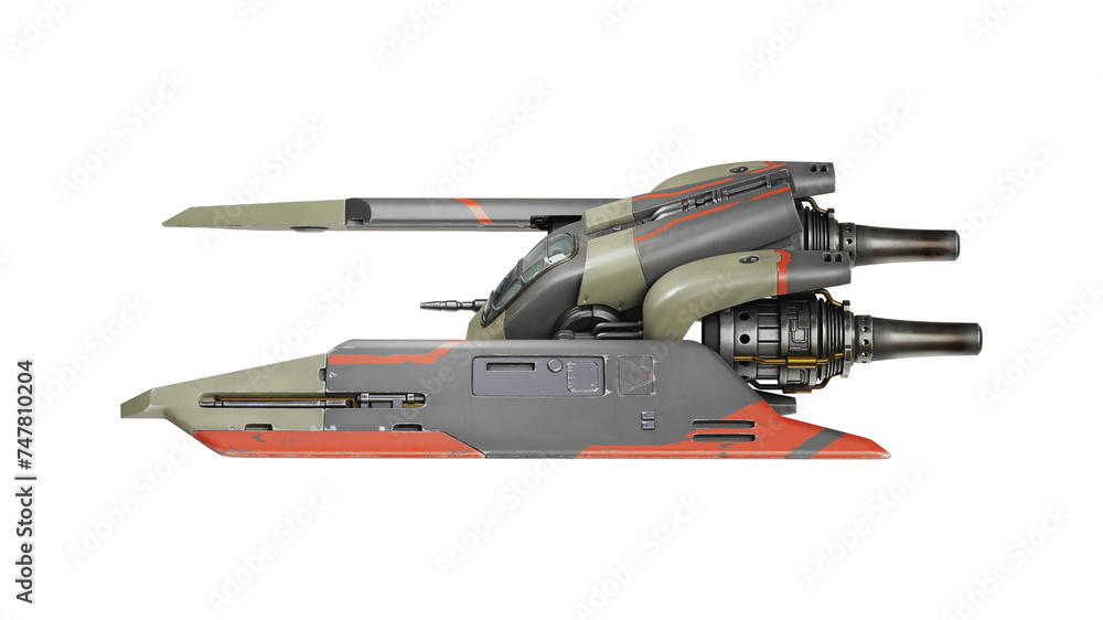 Concept assault fighter, gunship with scratched metal grey-green orange ...
