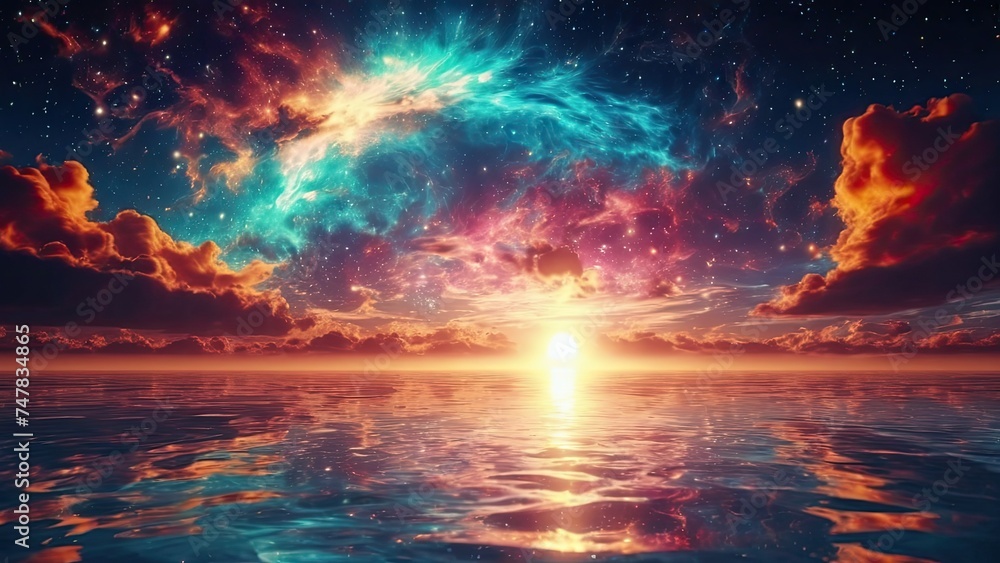Colorful cosmic universe and beautiful sky sunset. Ocean reflection ...