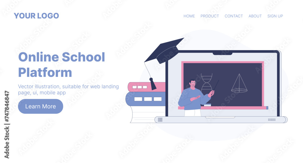 Online School Platform. Web Landing Page Design. Flat Cartoon Vector ...