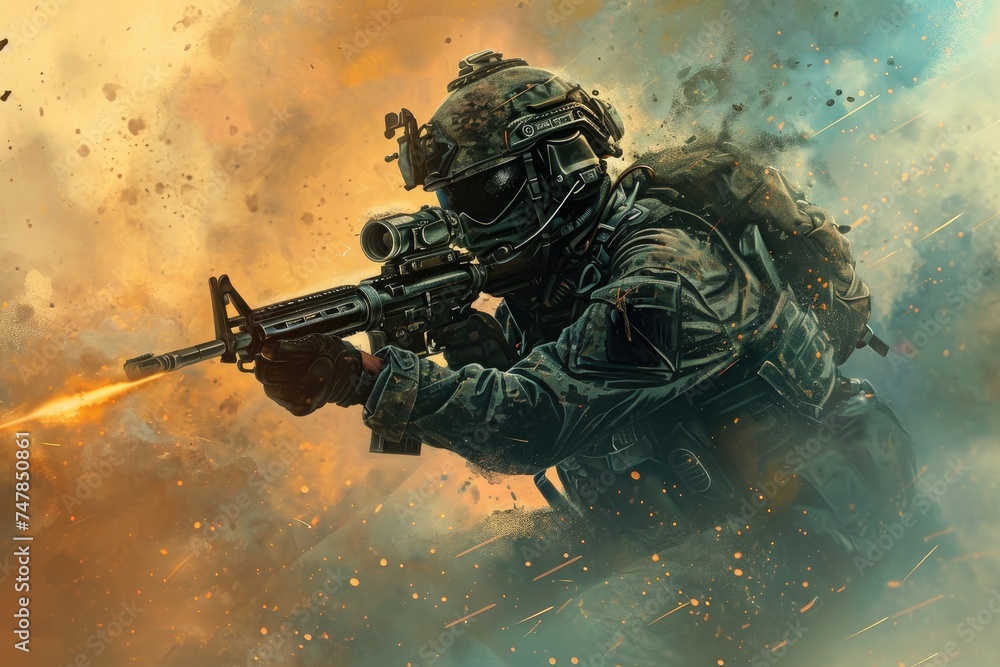 A soldier stands with a gun in his hand, showcasing his preparedness ...