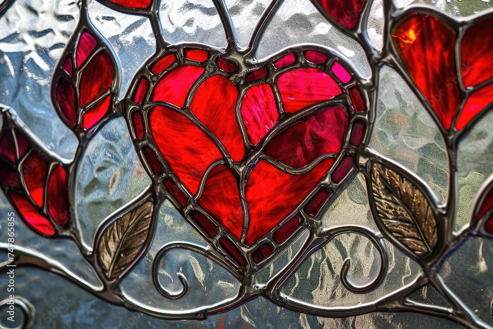 A detailed stained glass window featuring vibrant hearts arranged in ...