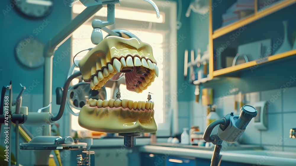 An animated set of golden teeth undergoes a meticulous examination ...