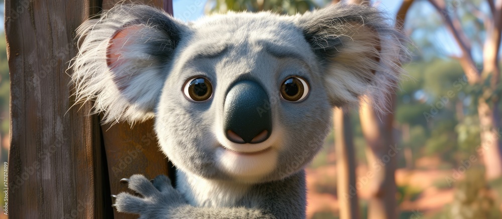 A close-up view of a koala with fluffy white ears and brown eyes ...