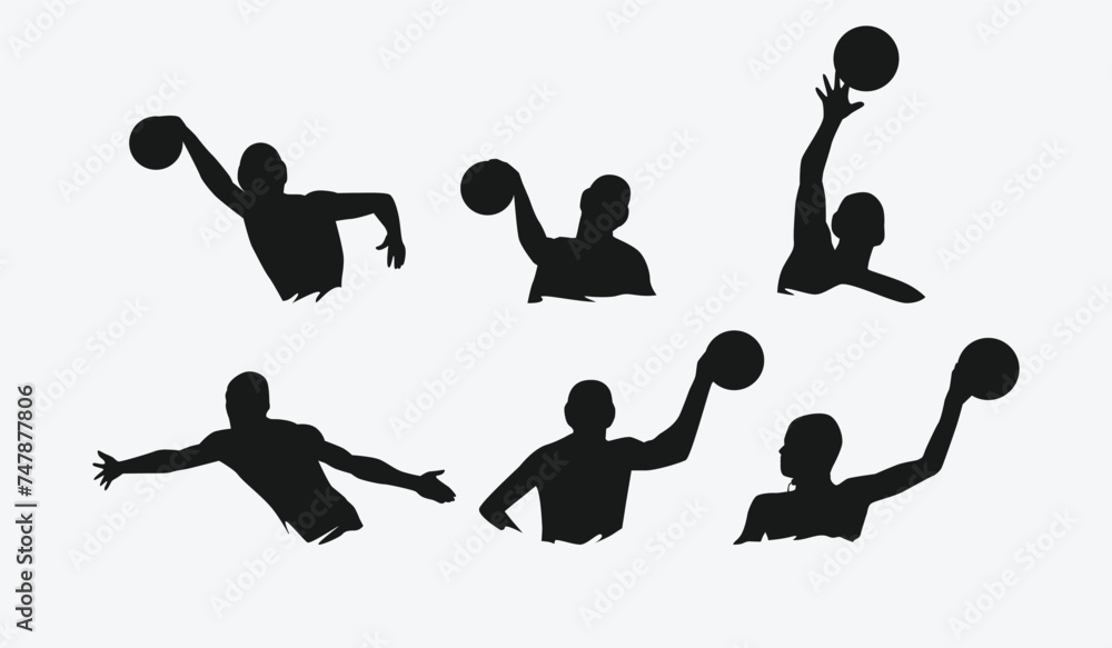 set of silhouettes of water polo players with different poses, gestures ...