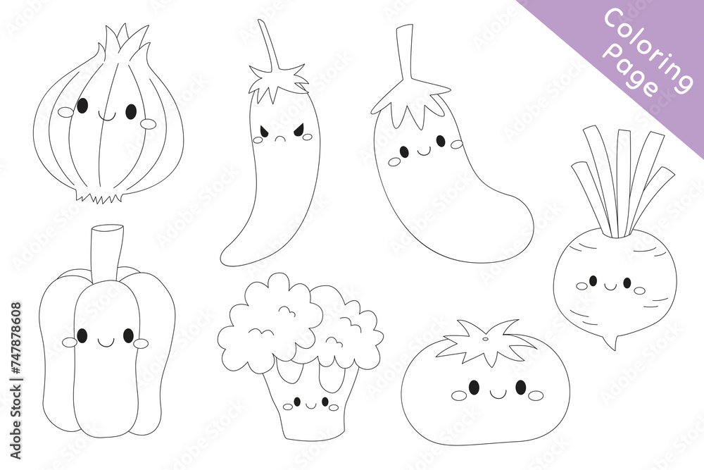 Cute vegetables coloring page for kids black and white outline cartoon ...