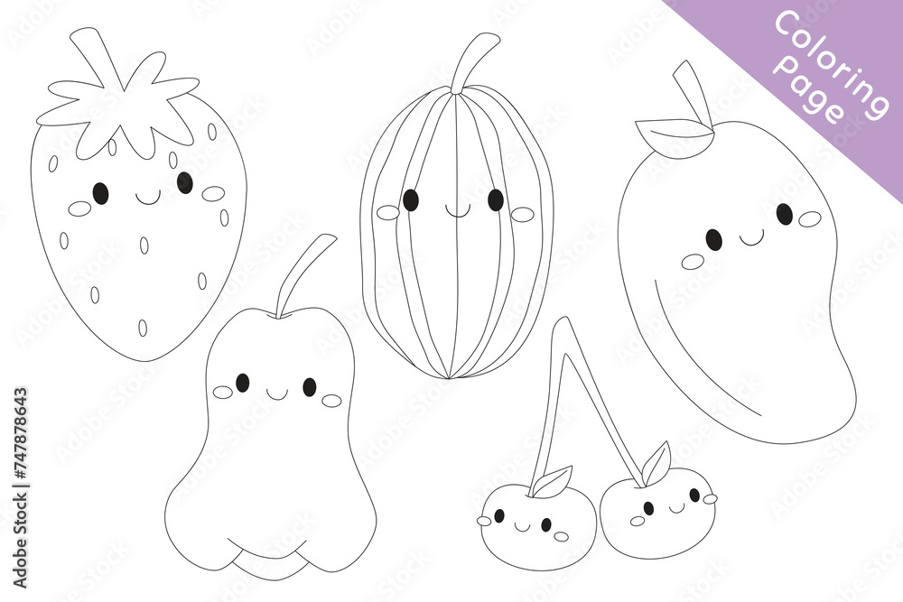 Cute fruits coloring page for kids black and white outline cartoon ...