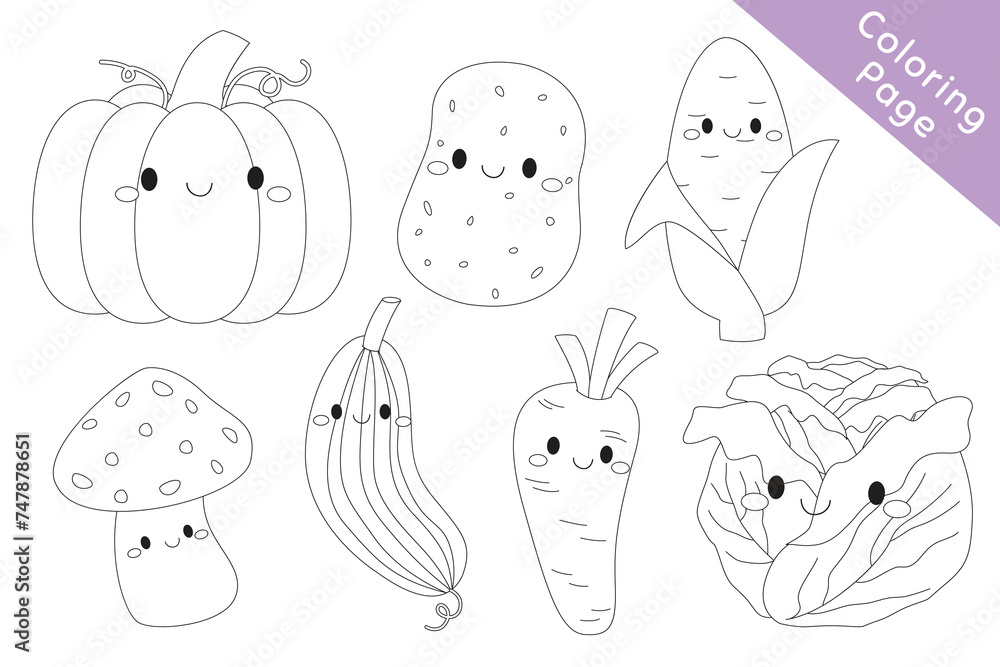 Cute vegetables coloring page for kids black and white outline cartoon ...