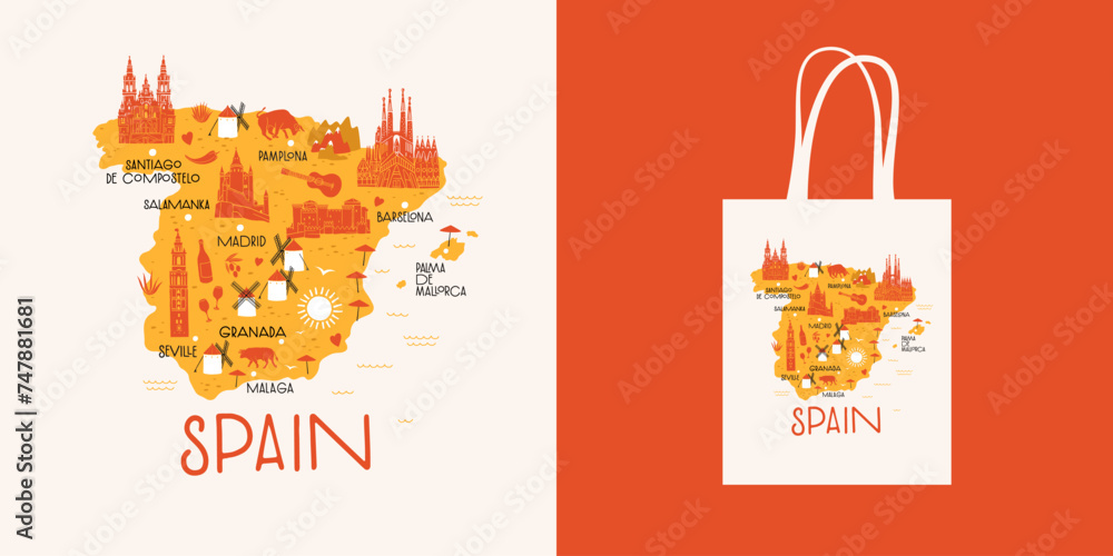 Decorative map of Spain with architectural landmarks. Popular tourist ...