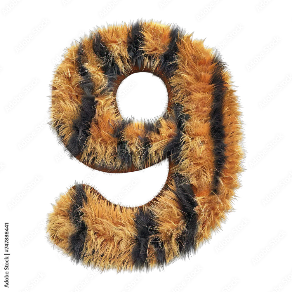 3D Fur Tiger Numeric no. 9 in Arial bold font Isolated on transparent ...