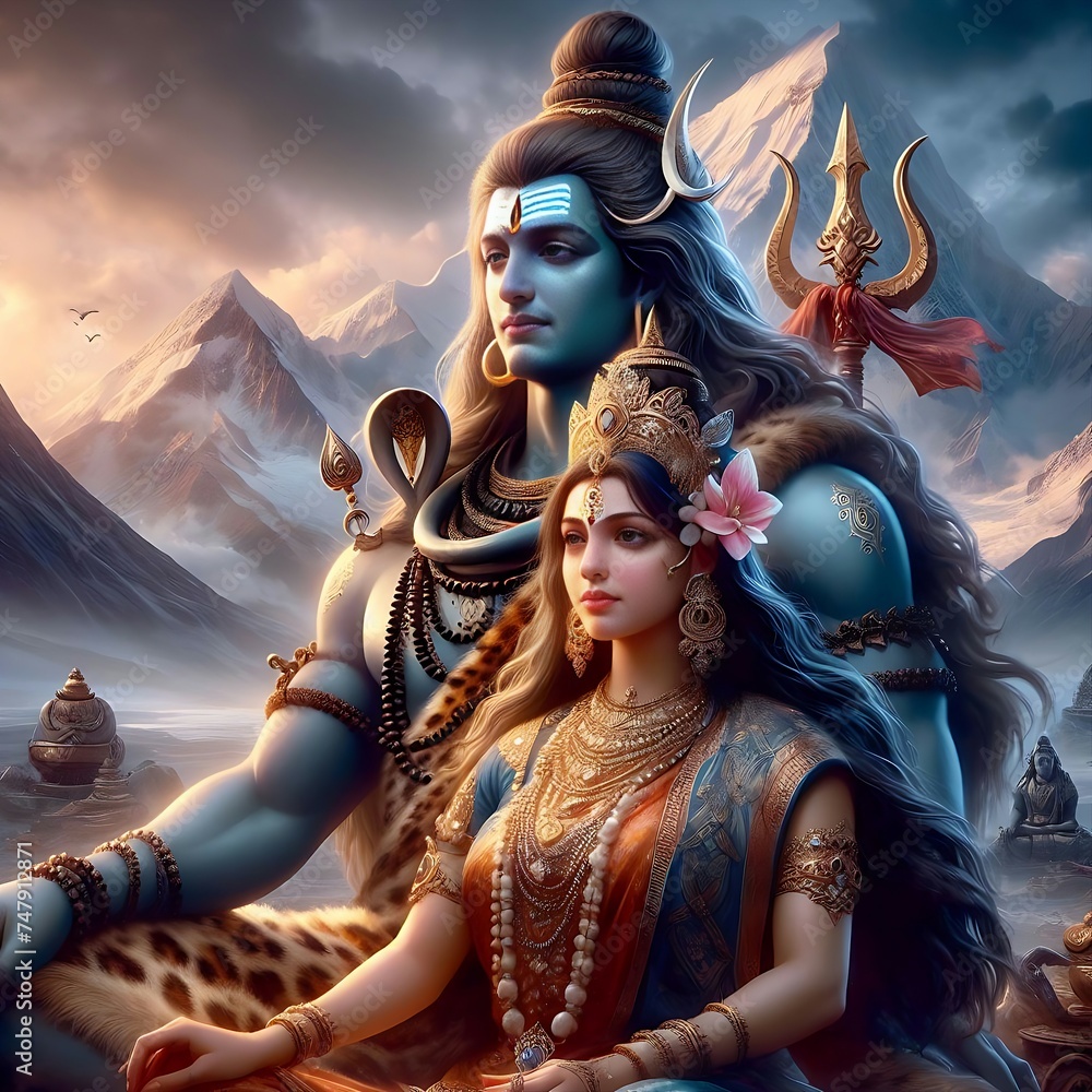 Realistic Close-Up of Lord Shiva and Goddess Parvati in mount of ...