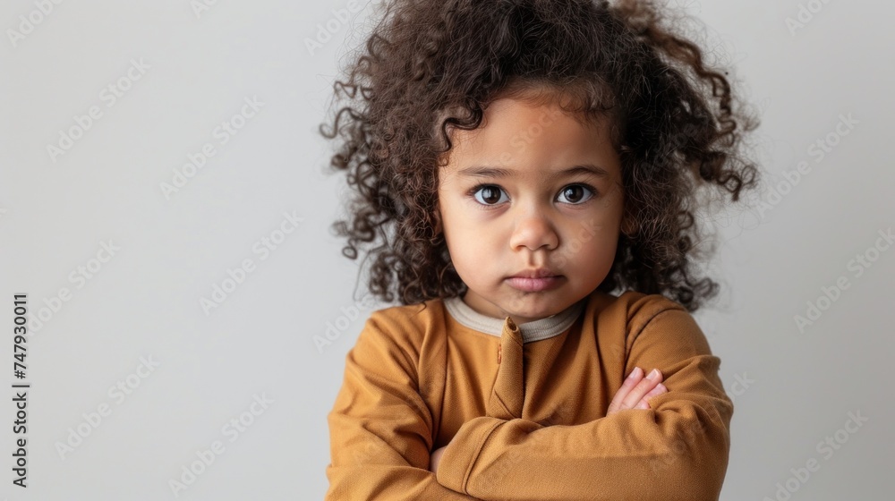 Young child with curly hair wearing a brown shirt looking directly at ...