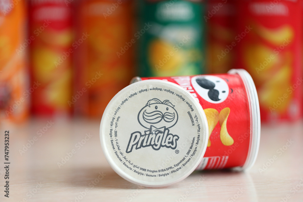 KYIV, UKRAINE - FEBRUARY 27, 2024 Pringles original potato chips on ...