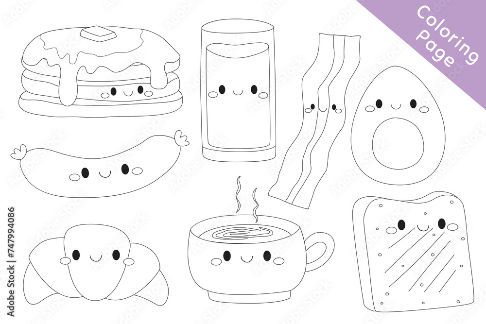 Cute breakfast coloring page for kids foods black and white outline ...