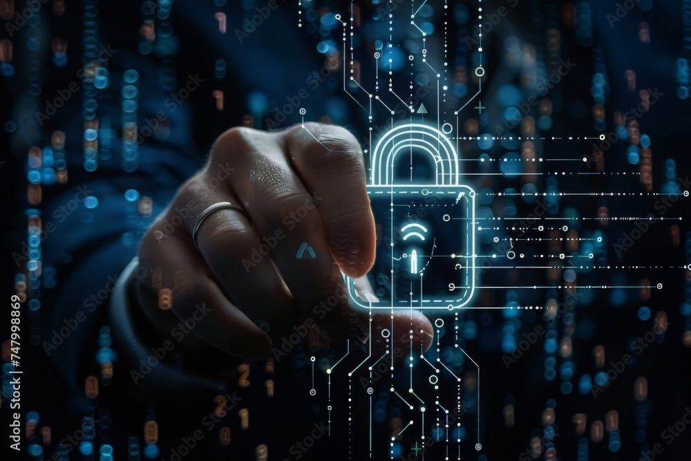 This image shows a hand reaching out to a digital lock interface ...