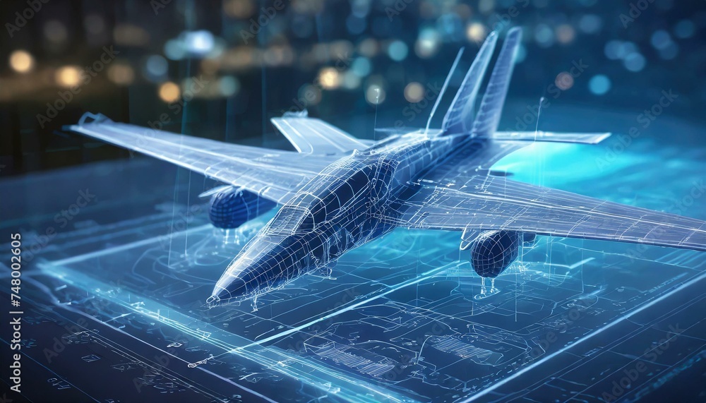 Futuristic holographic outline model of a fighter aircraft. Cold tone ...