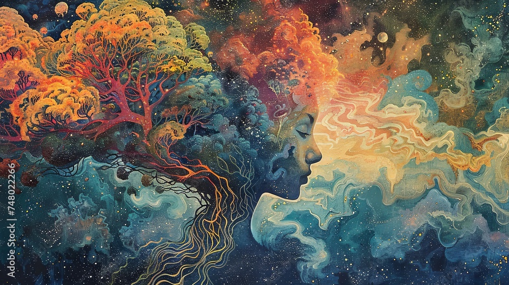 Artistic representation of a woman profile seamlessly blending with a ...