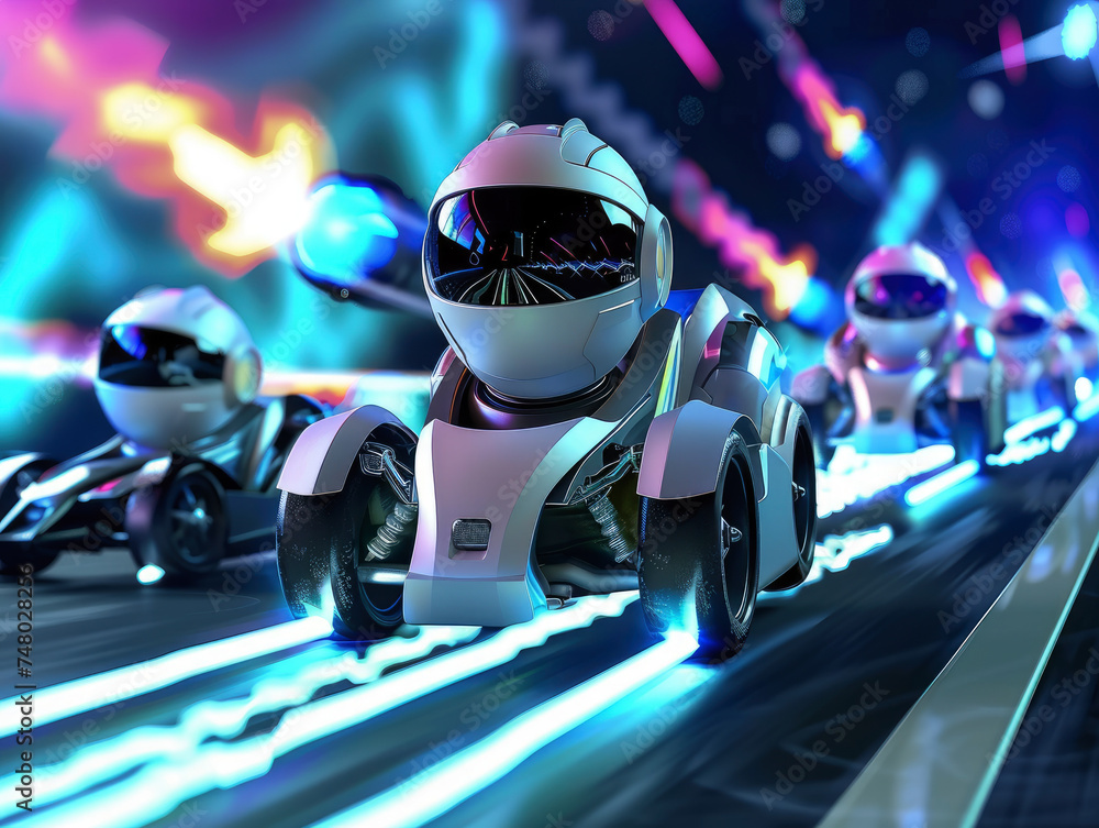 3D cartoon of robots racing speed cars on a galactic highway, rocket ...