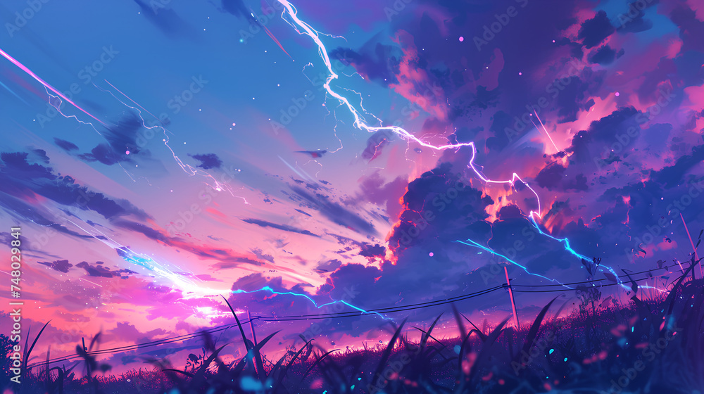 amazing lightning strike, anime background Stock Illustration | Adobe Stock