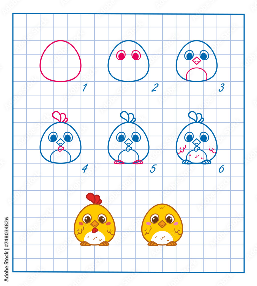 How to Draw Chick, Step by Step Lesson for Kids cartoon vector ...